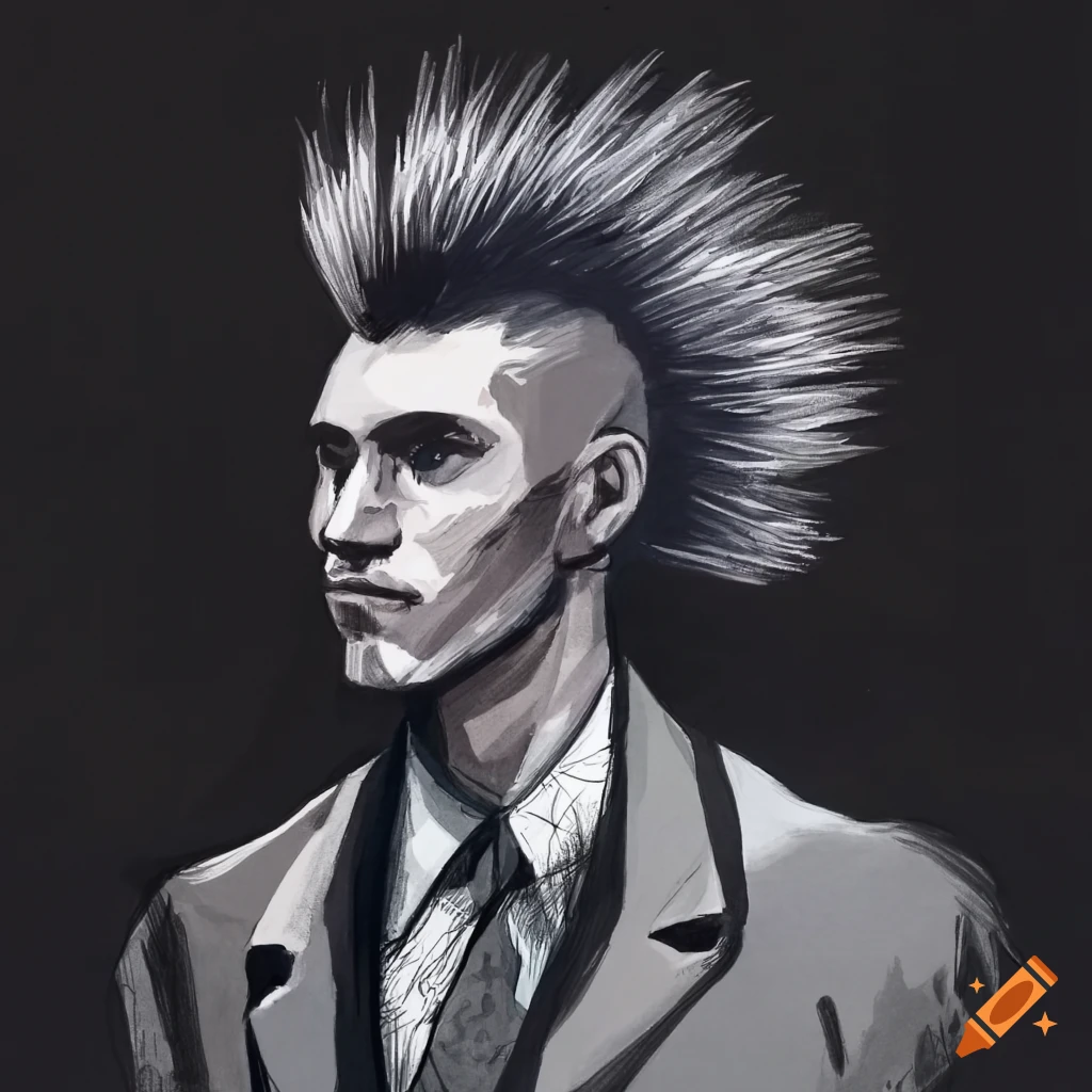 Drawing of a stylish man with mohawk and grey coat on Craiyon