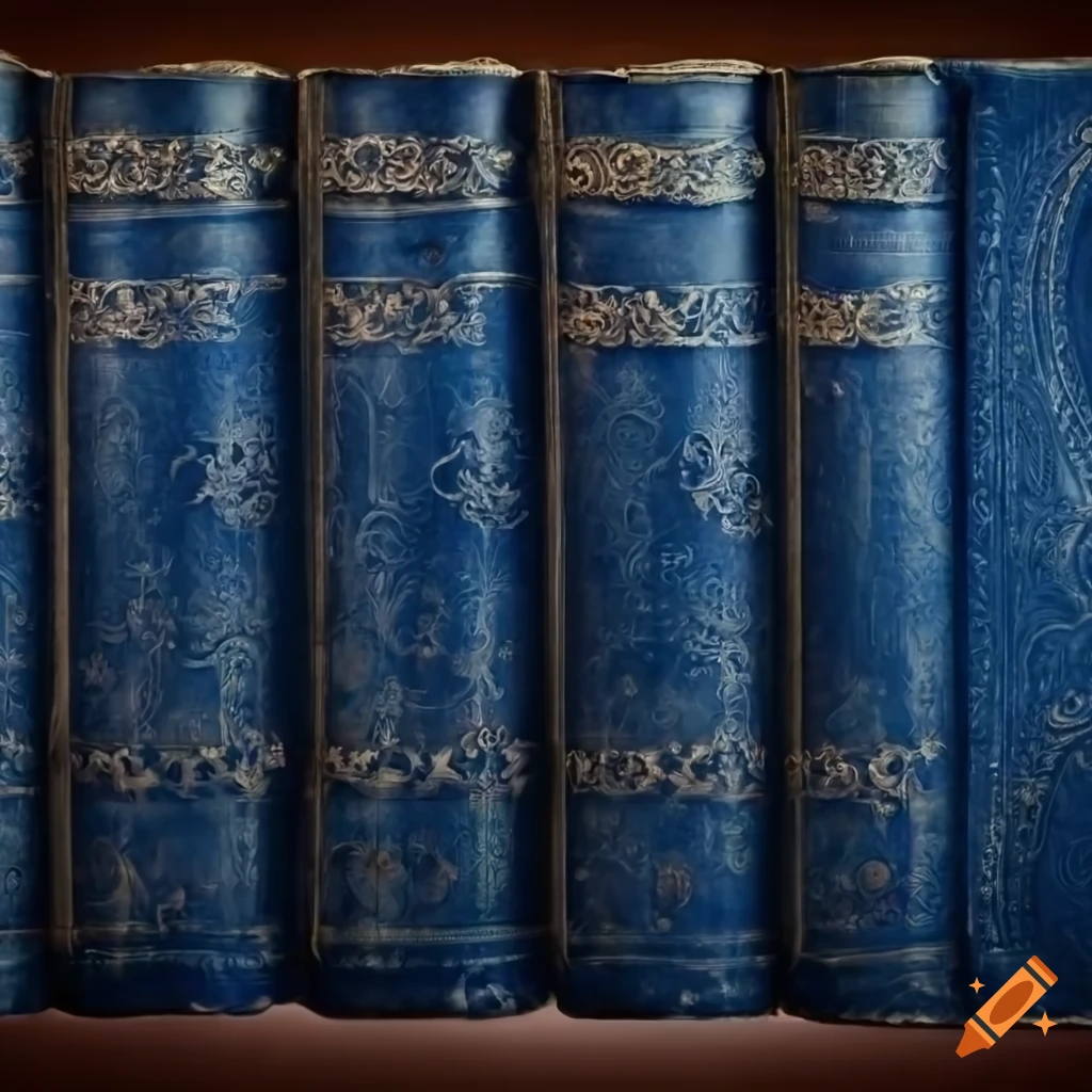 Row of intricately decorated vintage dark blue books on Craiyon