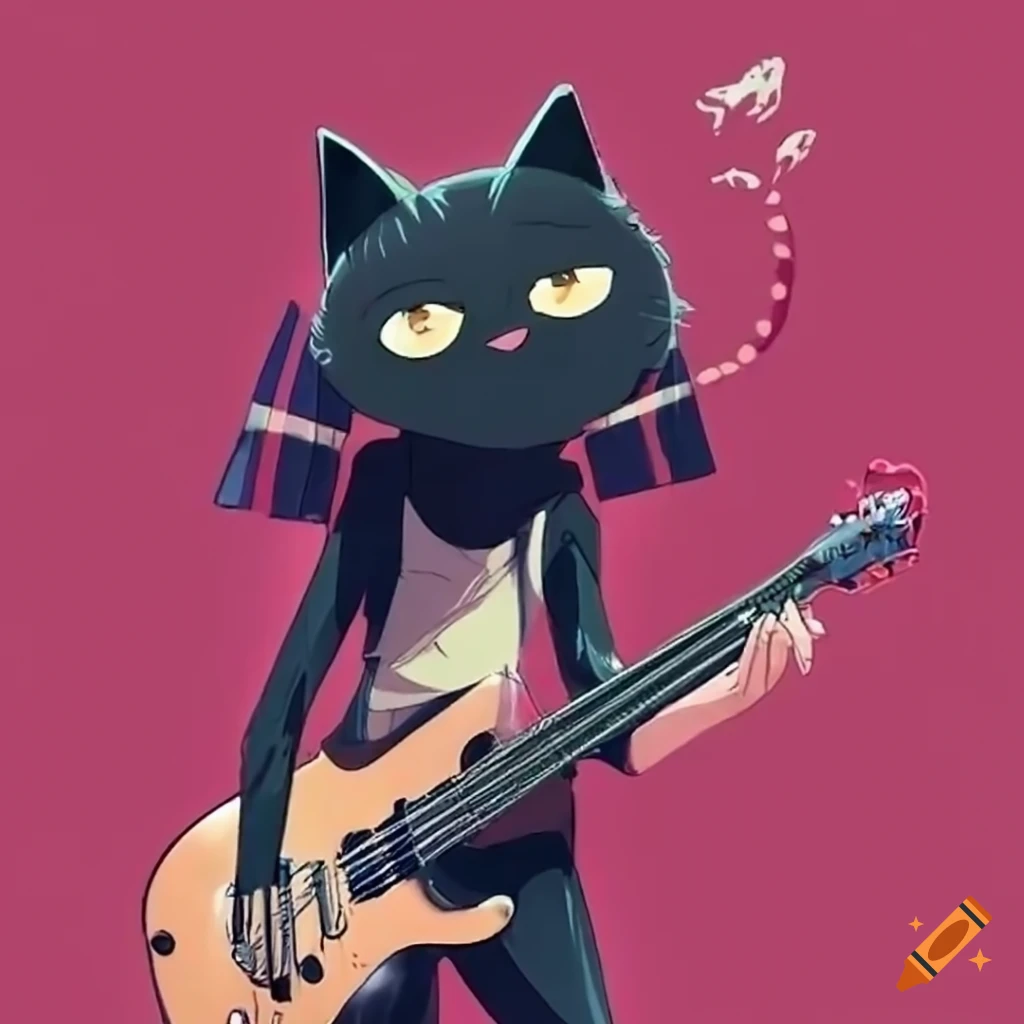 Cat playing a bass guitar in anime style on Craiyon