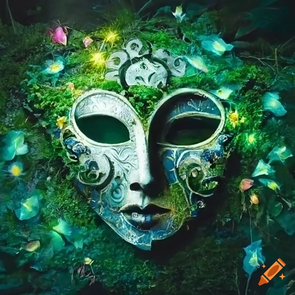 Magical mask made with petals, moss, logs, and luminous rocks in ...