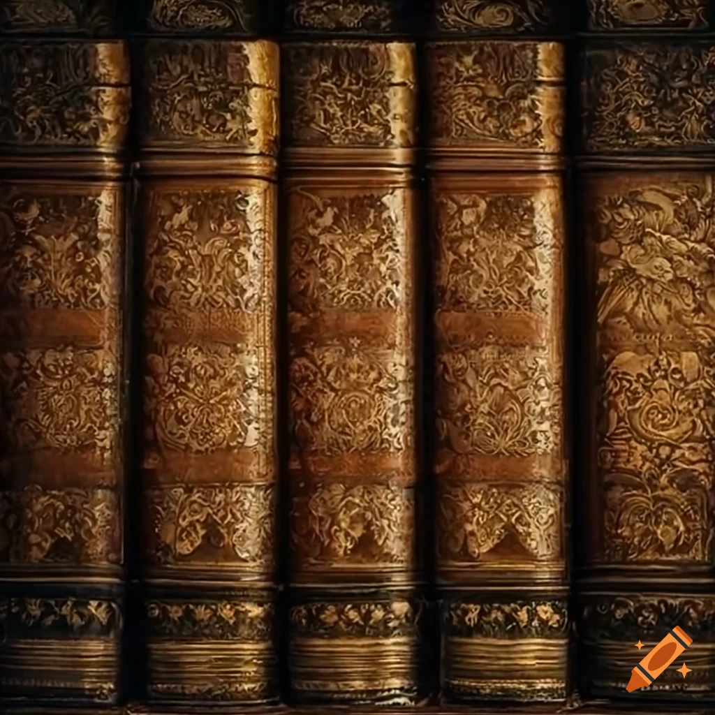 Row of antique decorative vintage colored books on Craiyon