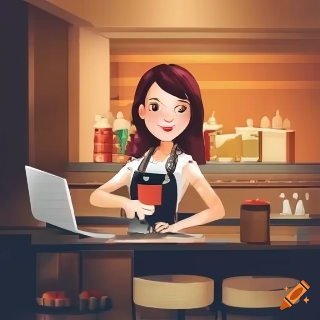 Illustration of a cashier girl at a coffee shop counter with a computer ...