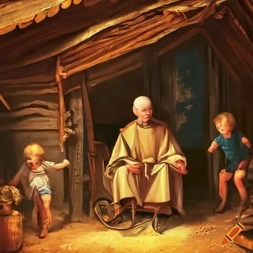 Priest with children and older man in a shack with a bicycle on Craiyon