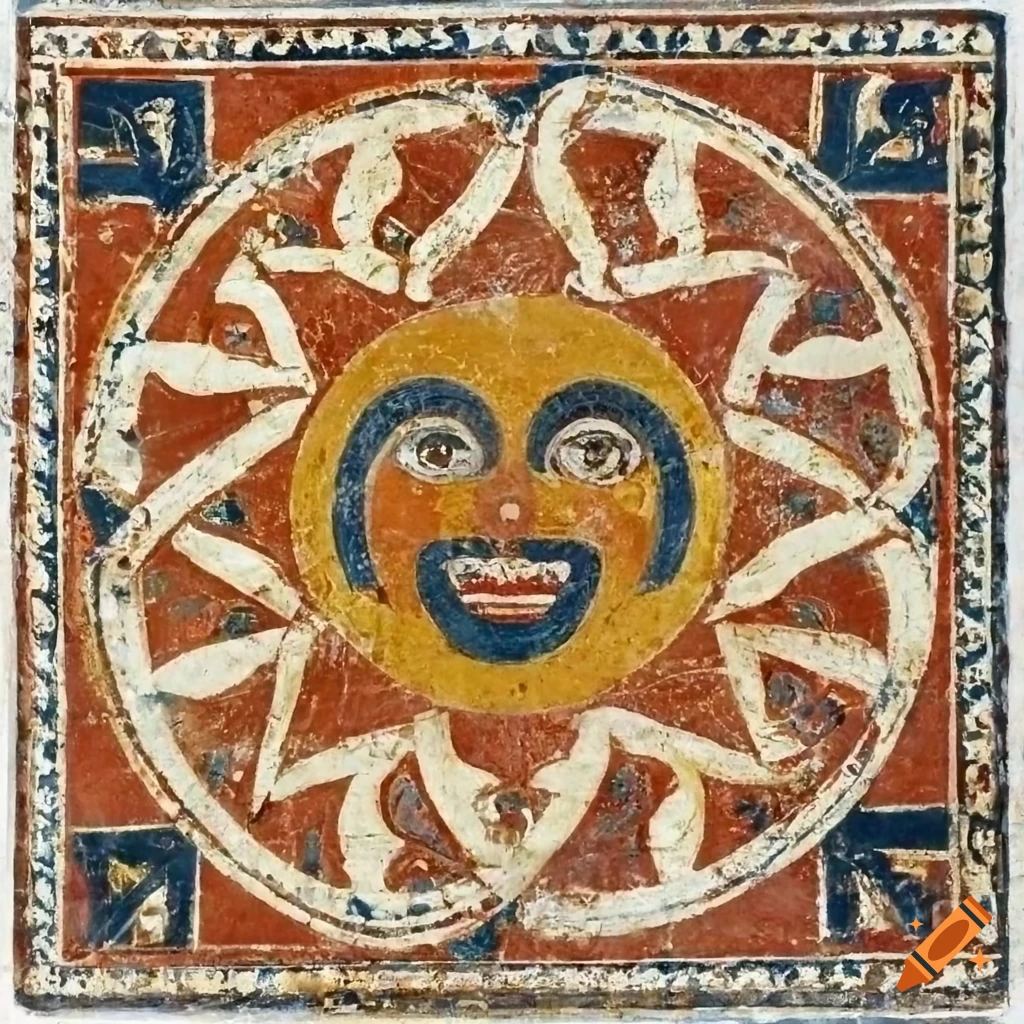 Smiling sun on album cover with roman fresco style on Craiyon