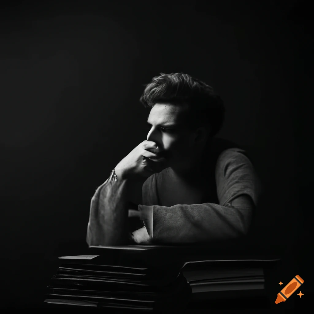 Thoughtful young man surrounded by books in dramatic lighting on Craiyon