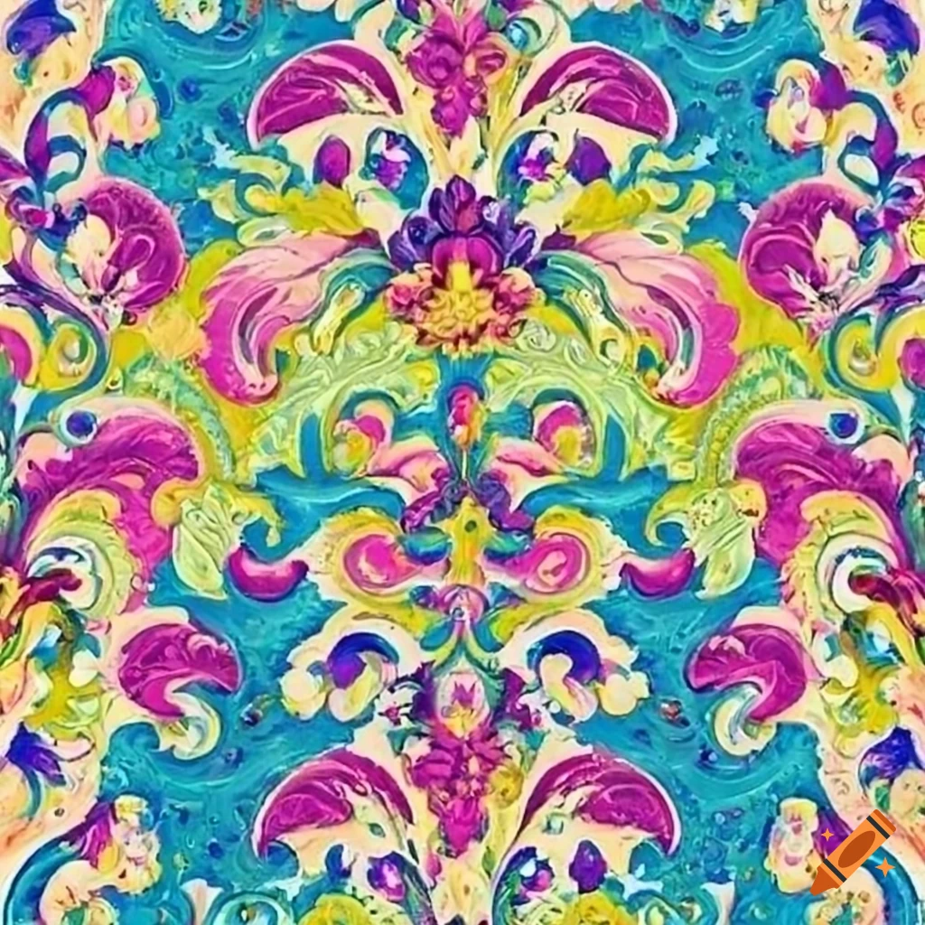 Rainbow pastel rococo floral pattern in an intricate oil painting on ...