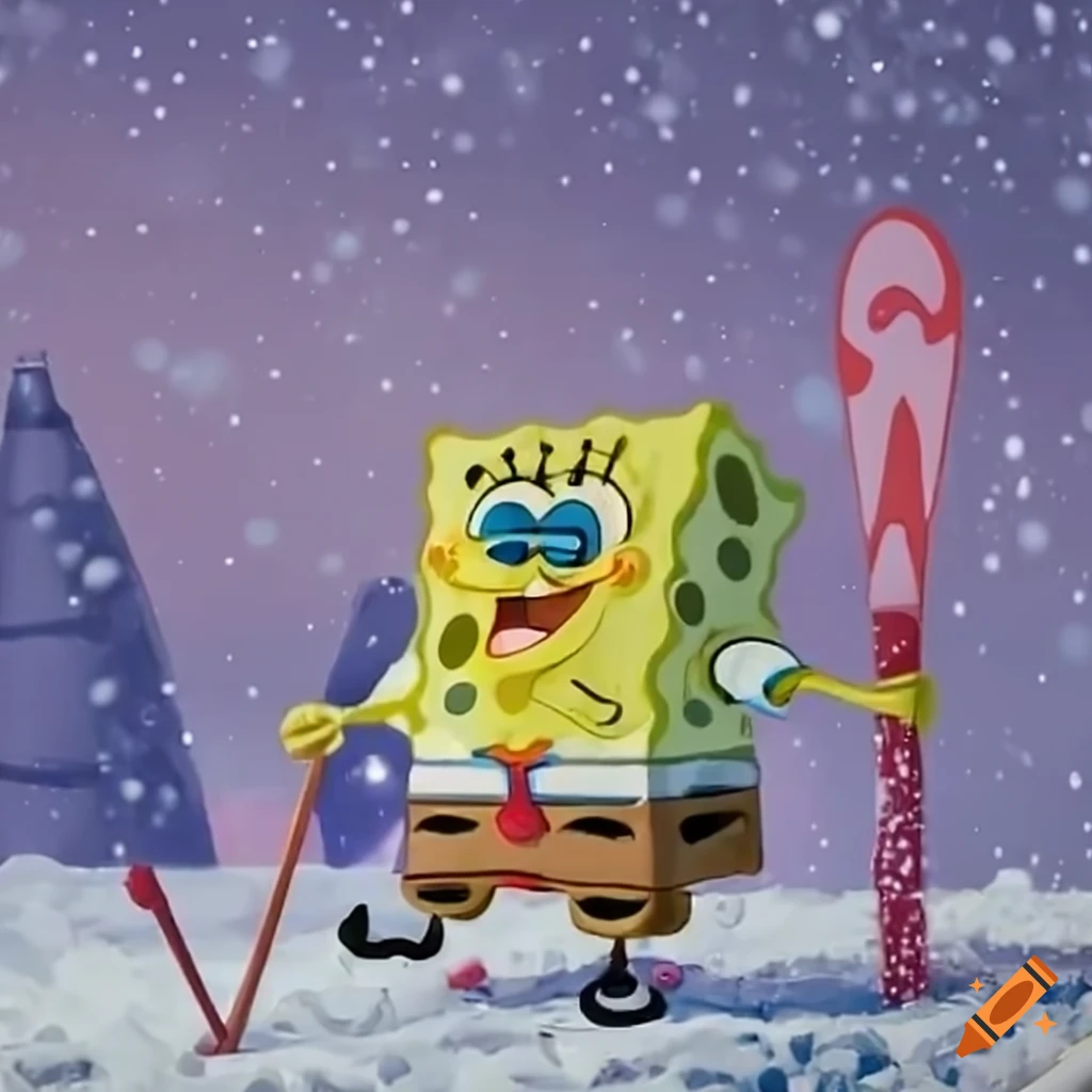 Spongebob squarepants with skis at a snowy outdoor party on Craiyon