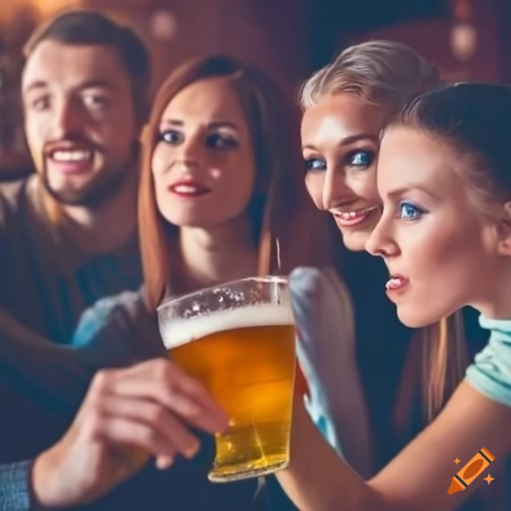 Coworkers enjoying beer in a pub on Craiyon