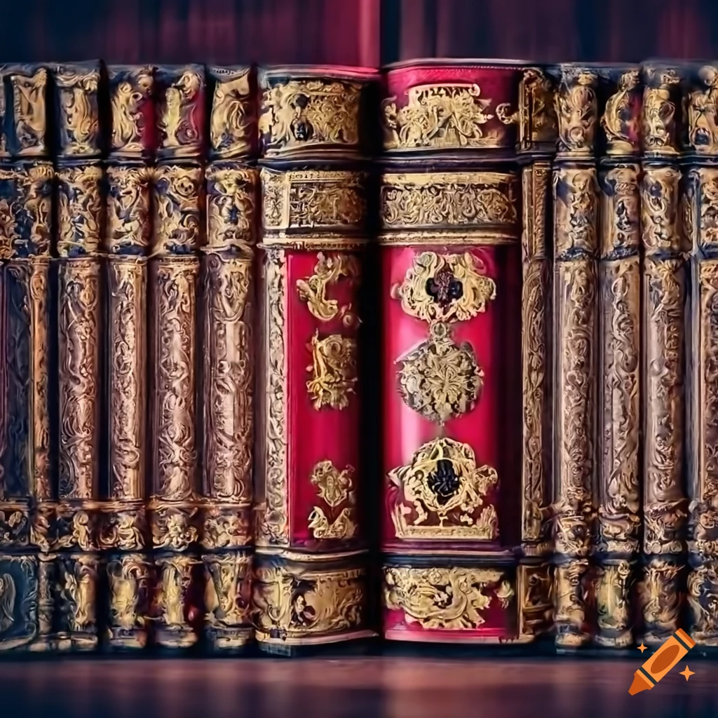 Row of antique intricately decorated vintage books in deep red and ...