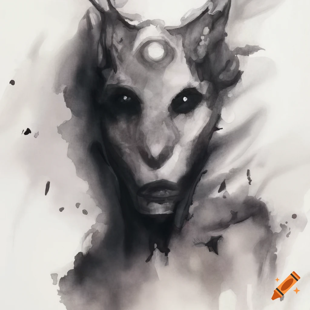Ghostly headshot of a fantasy beast in black and white watercolor on ...