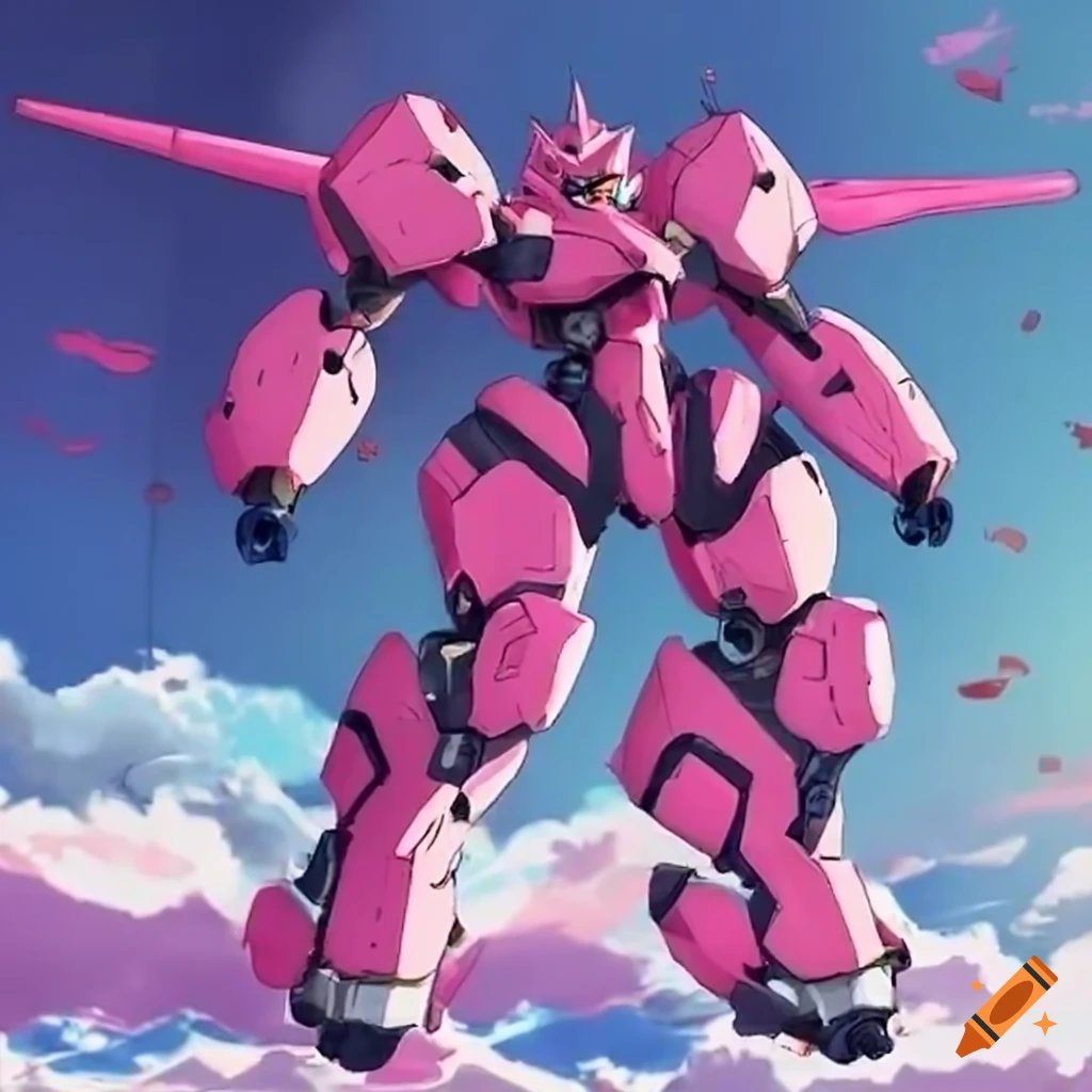 Pink bulky anime mecha flying on Craiyon