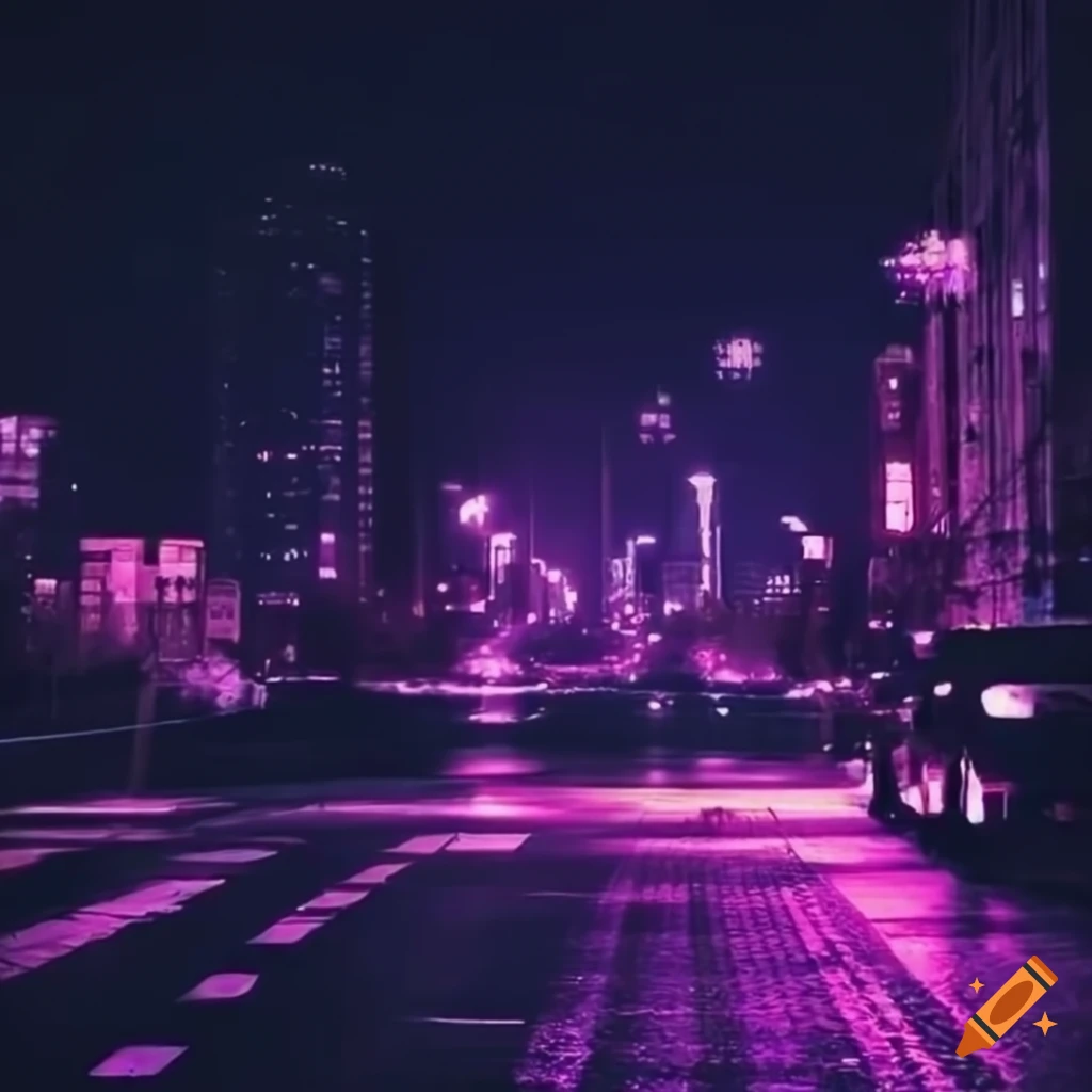 Night drive through city with dark purple aesthetic on Craiyon