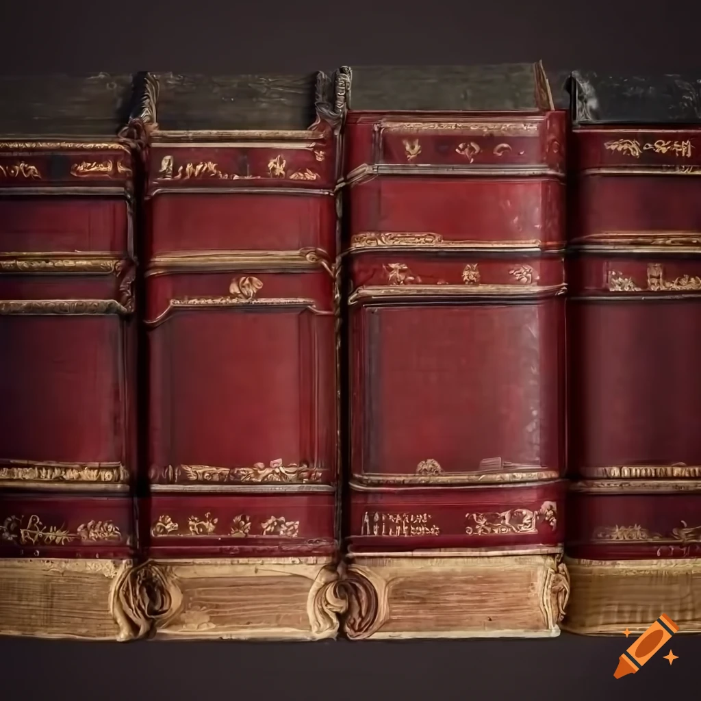 Row of intricately decorated vintage deep red books on Craiyon