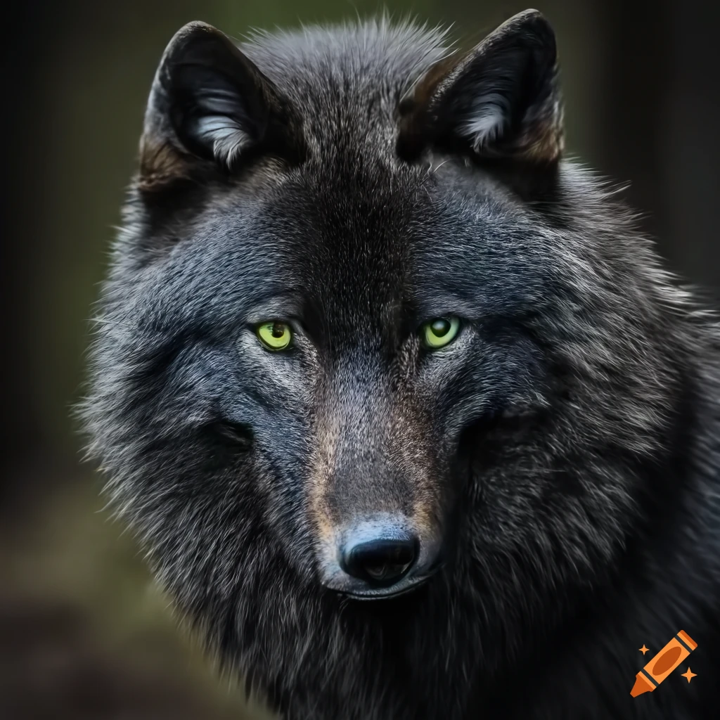 Close-up of black wolf's head with ultra-realistic green eyes under moonlight on Craiyon