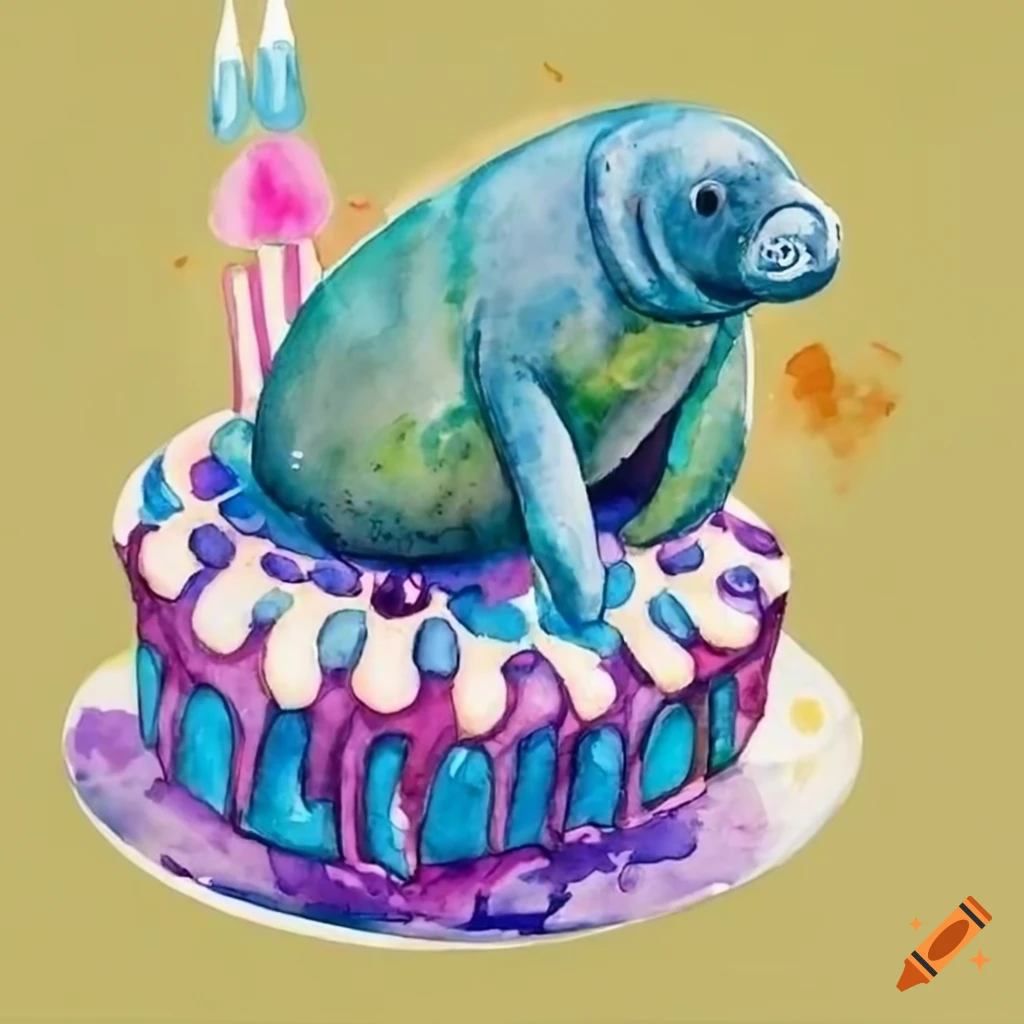 Colorful manatee at a tea party with a birthday cake in watercolors on ...
