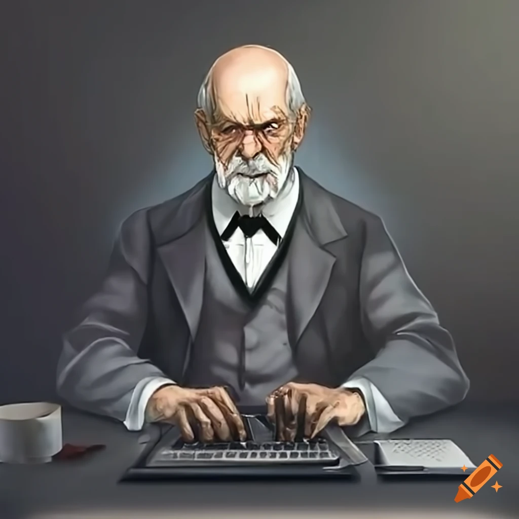 Angry sigmund freud sitting at a desk on Craiyon