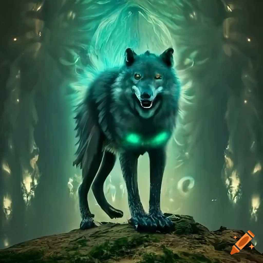 Mythical wolf Fenrir standing in front of towering trees with an ...