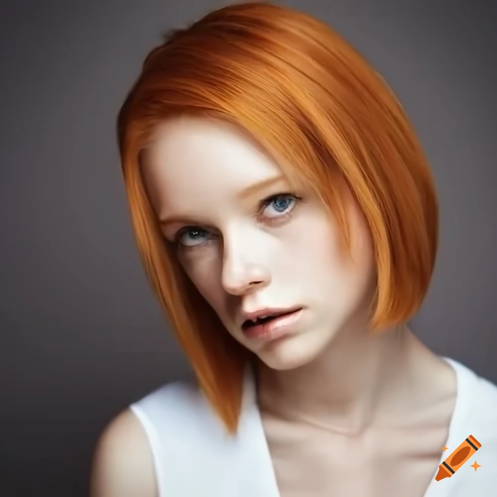 Beautiful 25 year old woman with ginger bob hair in serious pose on Craiyon