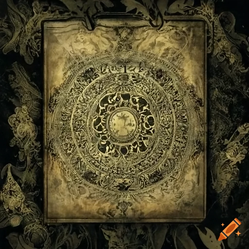 Old paper dark magic book with alchemist symbols and art nouveau floral ...