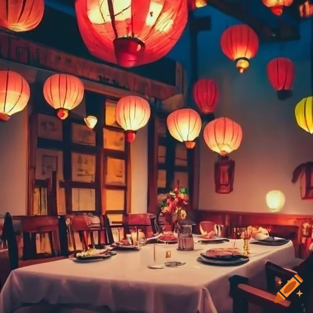 Cozy dinner at an authentic chinese restaurant under colorful paper ...