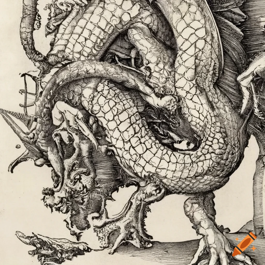 16th century engraving of a dragon in black and white by Albrecht Durer ...