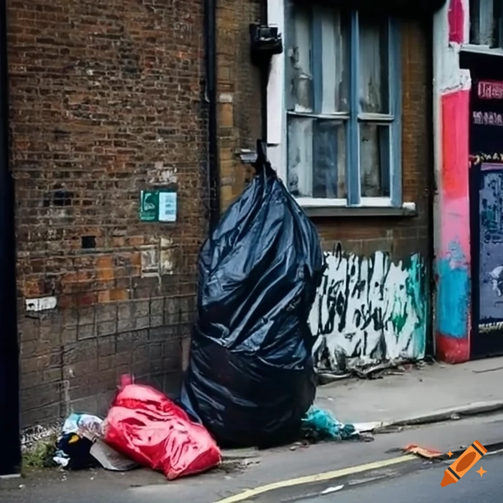 Urban city scene with graffiti and garbage bags on Craiyon