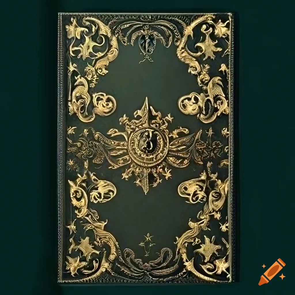 Deep dark green leather book with celestial motifs of stars and angels ...