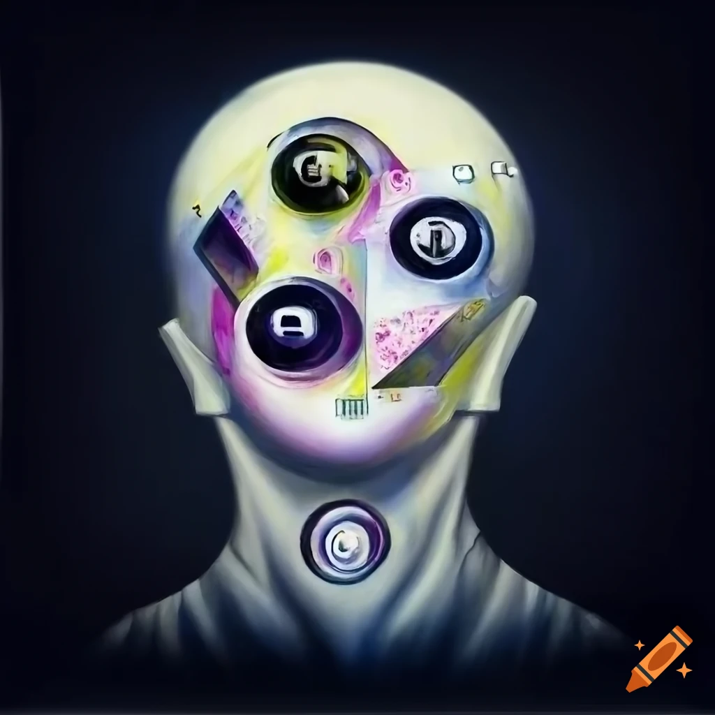 Surreal painting featuring computer error messages and music theory ...