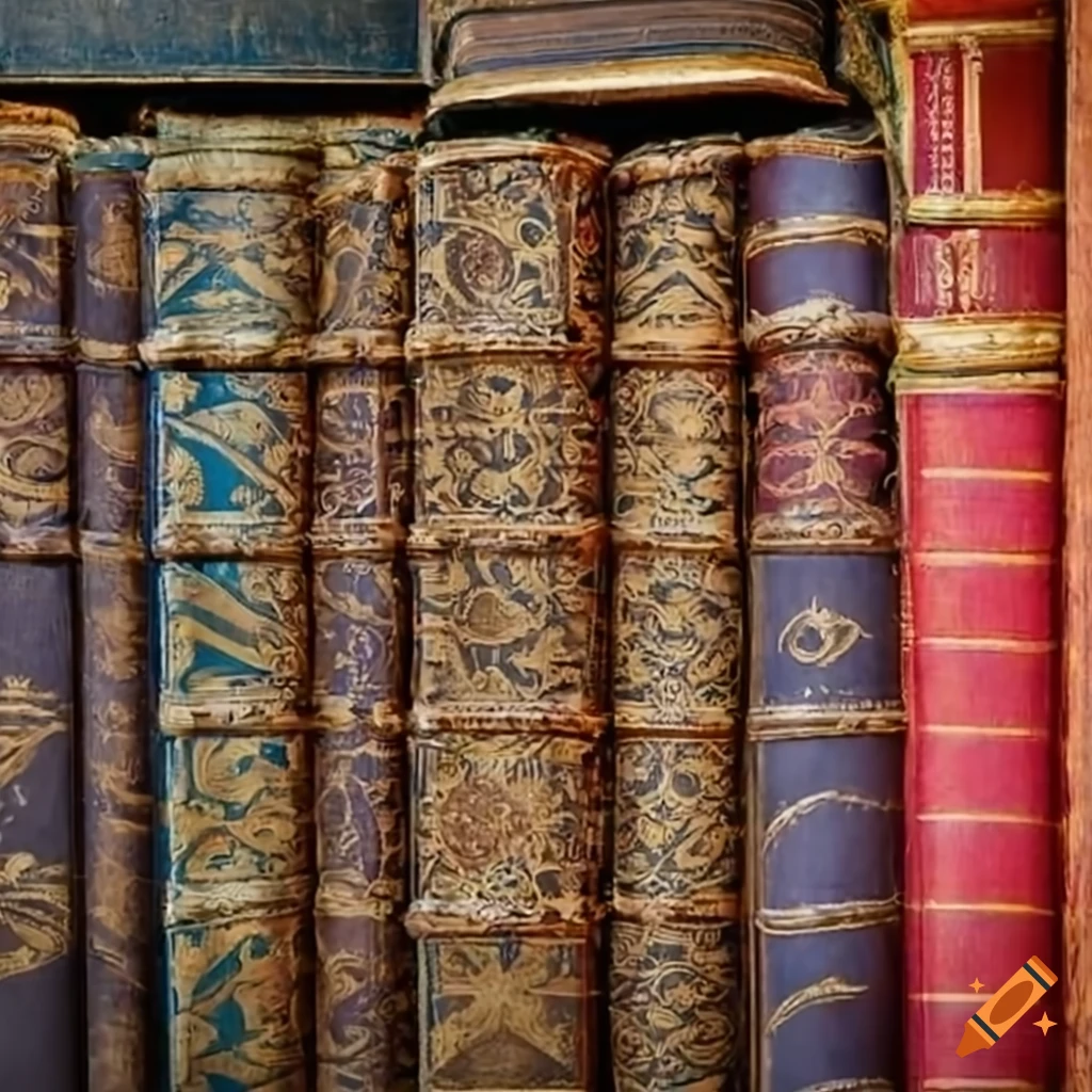 Row of antique decorative vintage books with full spines on Craiyon