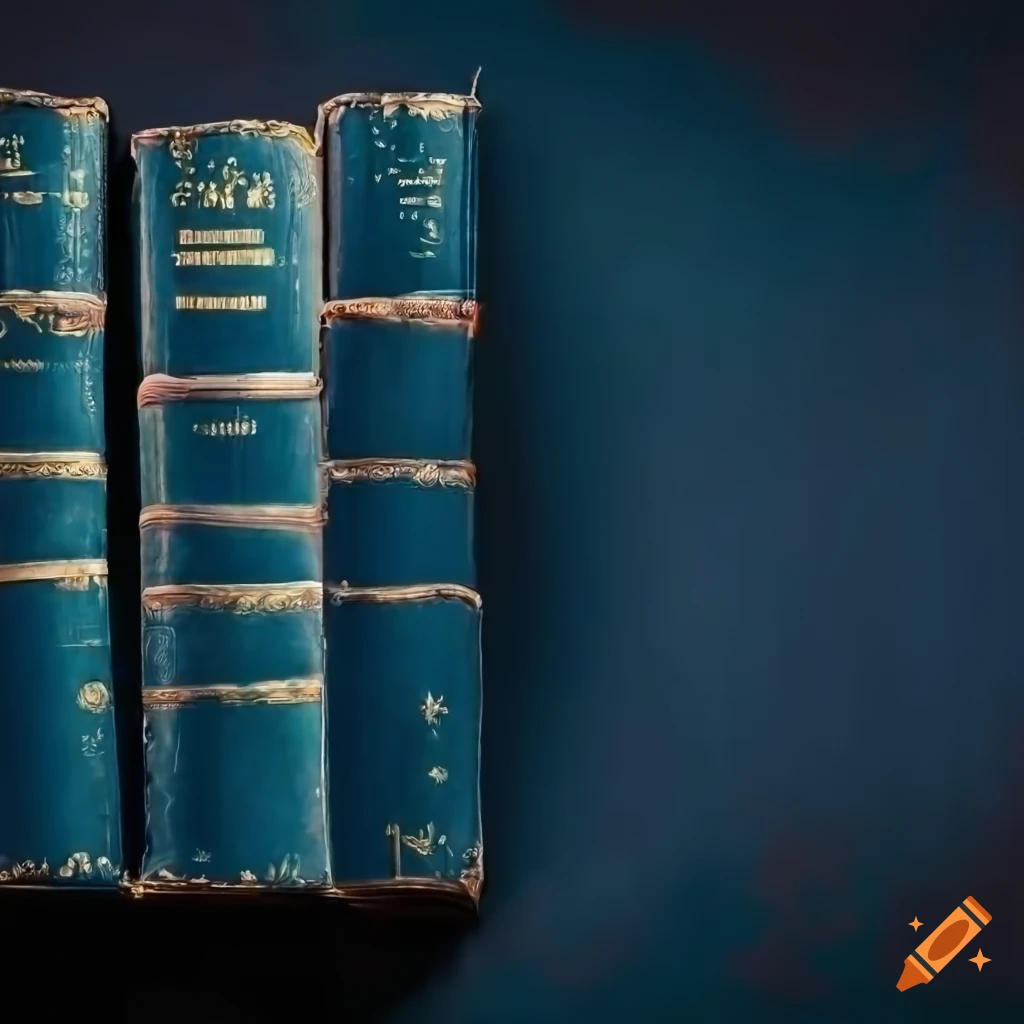 Row of intricately decorated vintage blue books on Craiyon