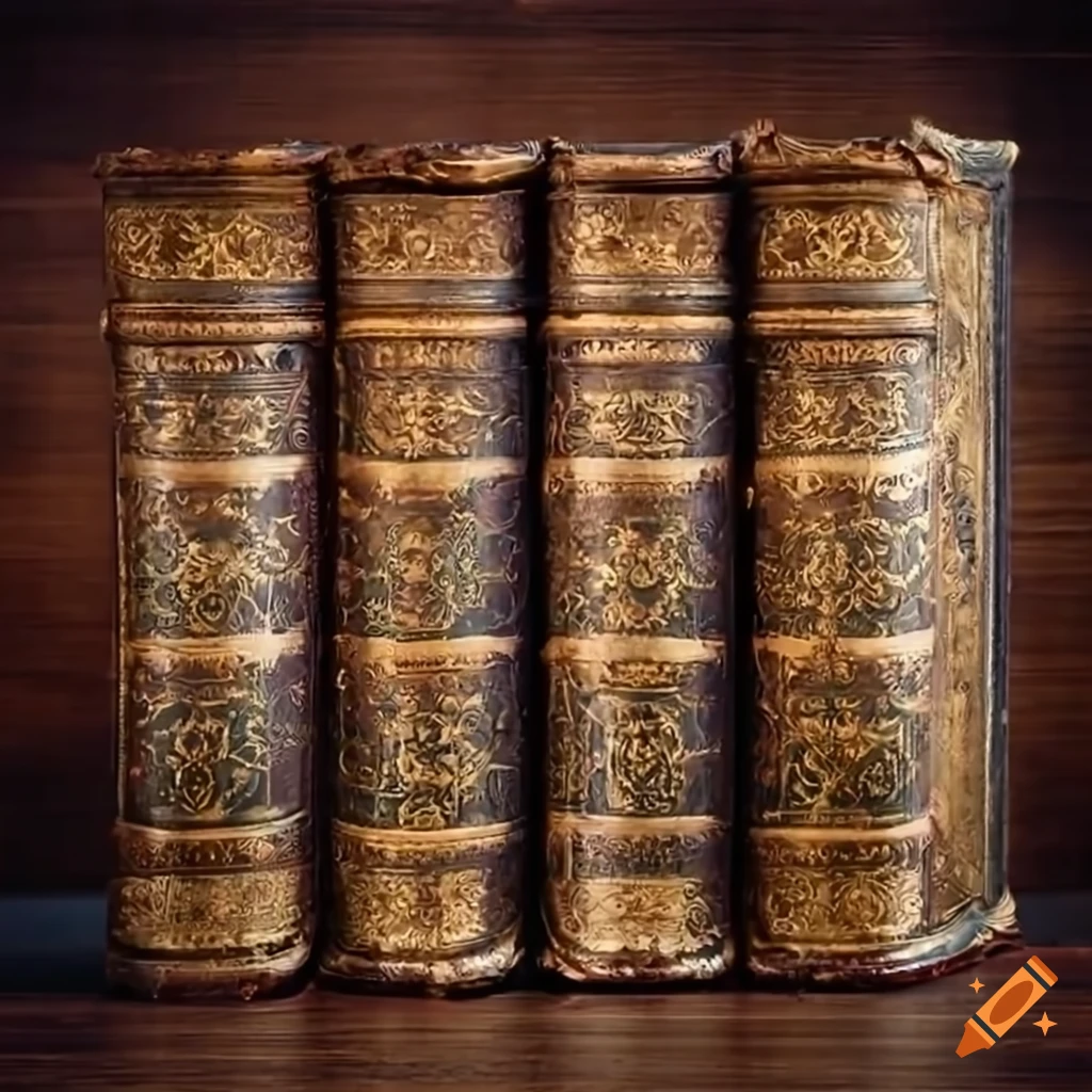 Row of intricately decorated antique vintage old books with full spines ...