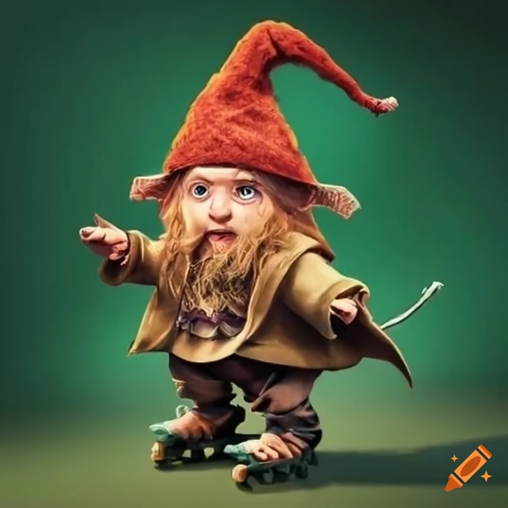 Hobbit wearing a gnome hat on roller blades on Craiyon