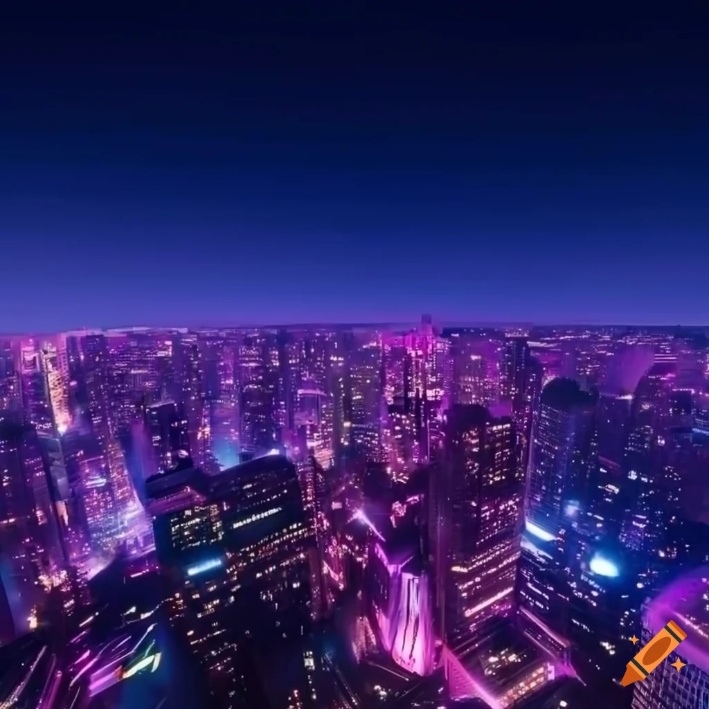 Scenic night skyline of futuristic city with purple, pink and blue neon ...