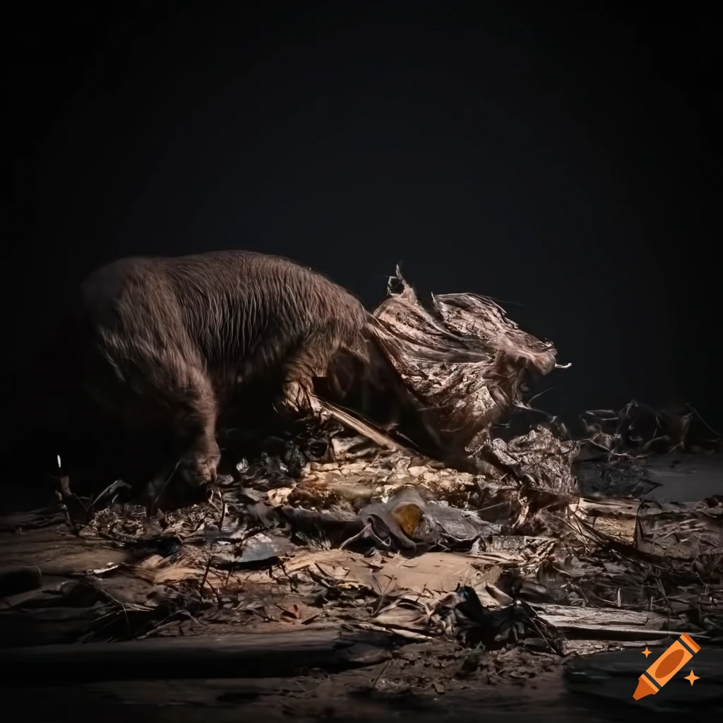 Abandoned animal trapped in junk garbage within a dramatic destroyed ...