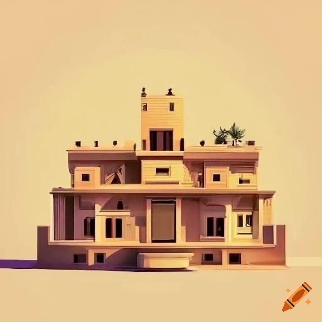 Drawing of a Saudi Arabian house blending traditional and modern styles ...