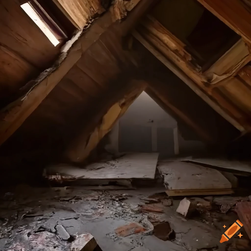 Downward view of a collapsed floor in an abandoned 15th century attic with glowing fog on Craiyon