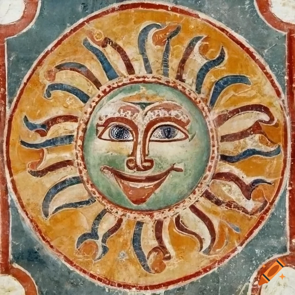 Smiling sun on an album cover with a romanesque fresco on Craiyon