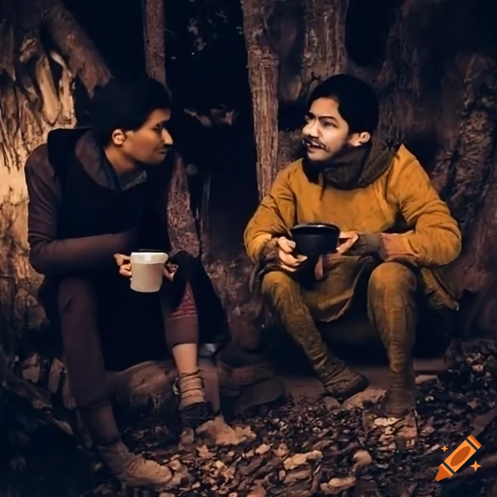 Friends having chai tea chat by a tree on a winter night in an Indian ...
