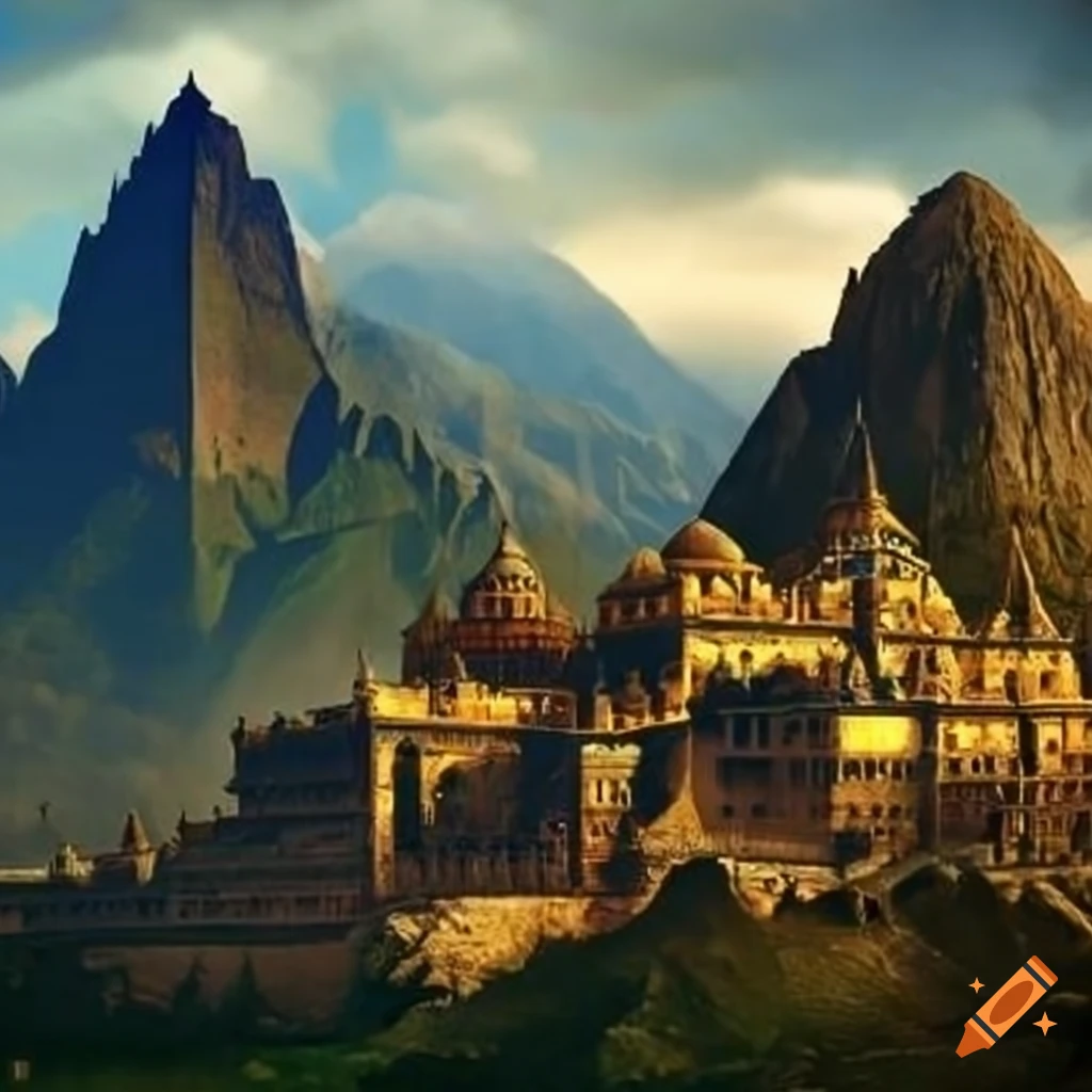 Medieval kingdom surrounded by mountains in an indian setting on Craiyon
