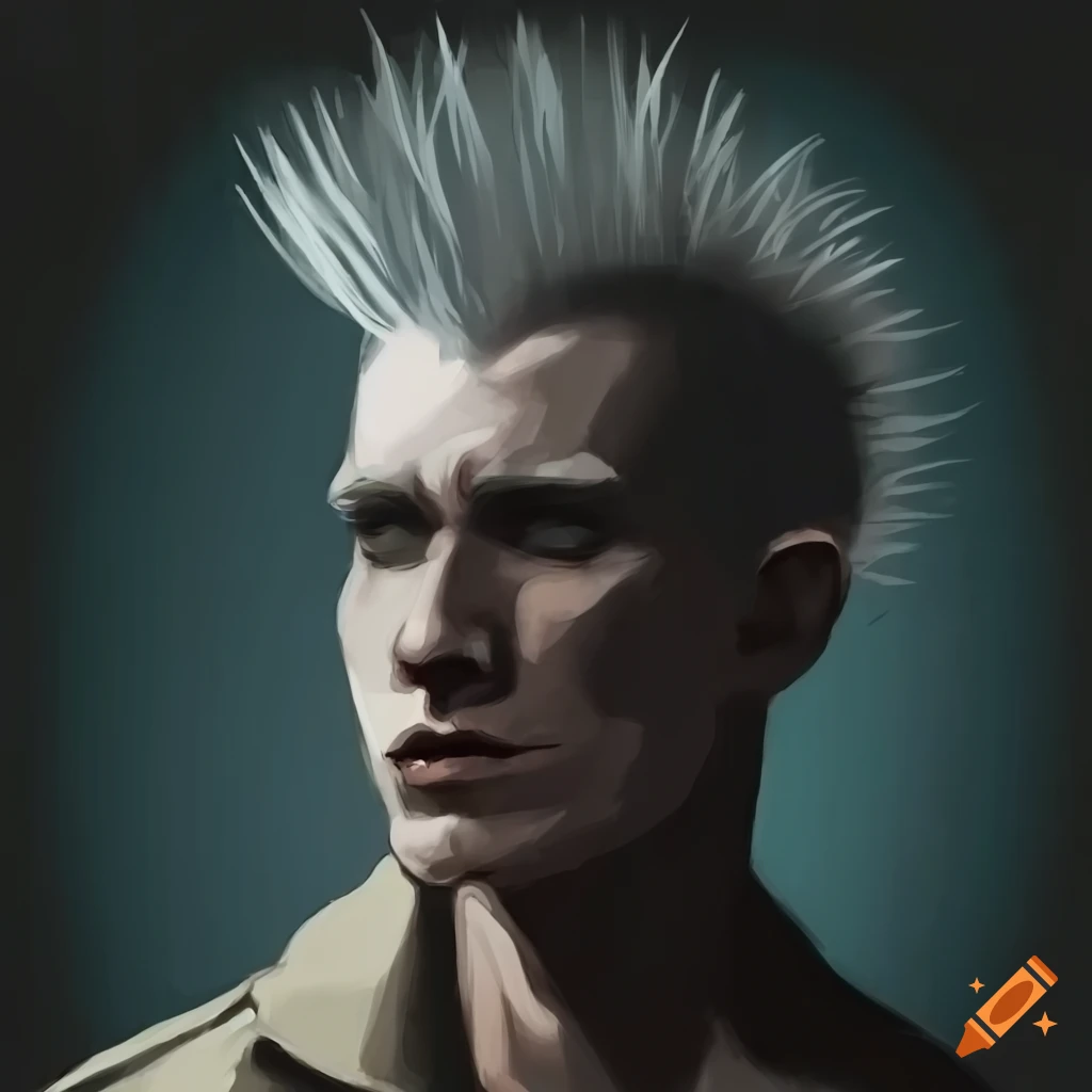 Drawing of a man with a mohawk, 5 o'clock shadow, and trenchcoat on Craiyon