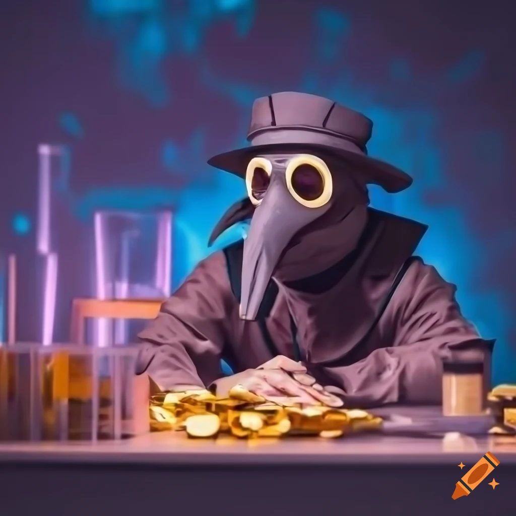Plague doctor in a dimly lit lab with test tubes and scattered gold ...