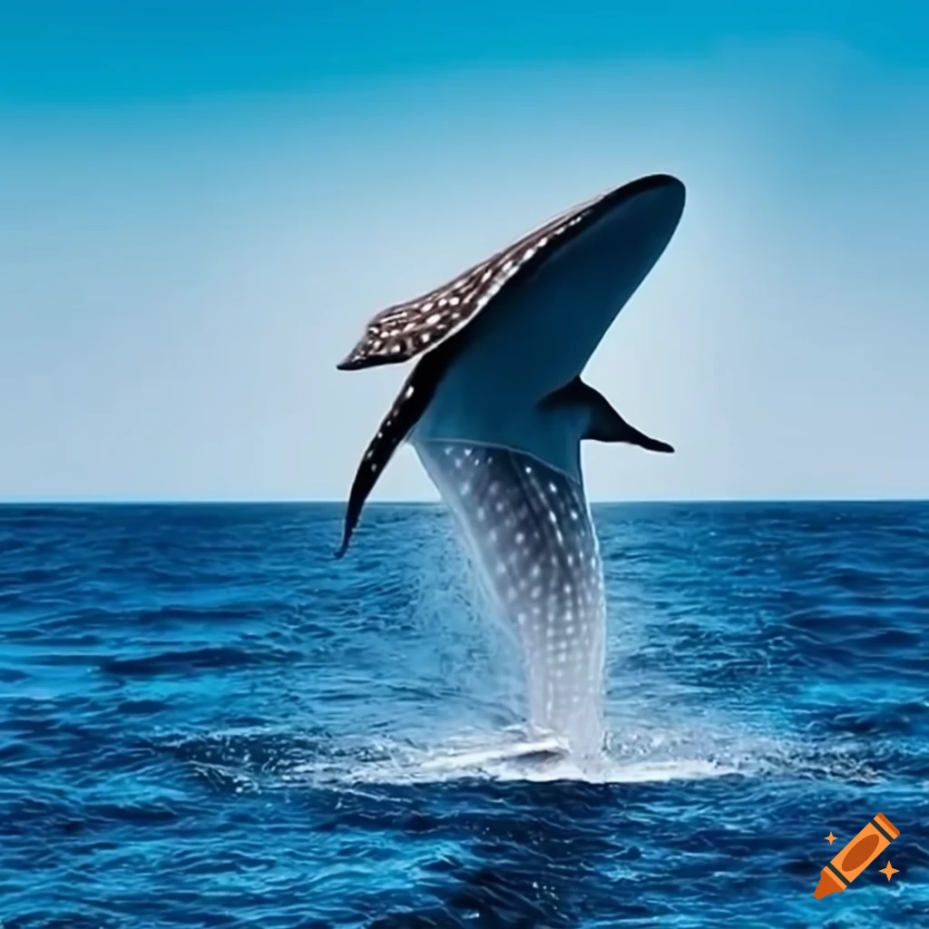 Whale shark jumping out of the water with a boat in the foreground on ...