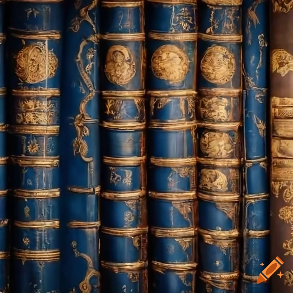 Row of intricately decorated vintage blue books on Craiyon