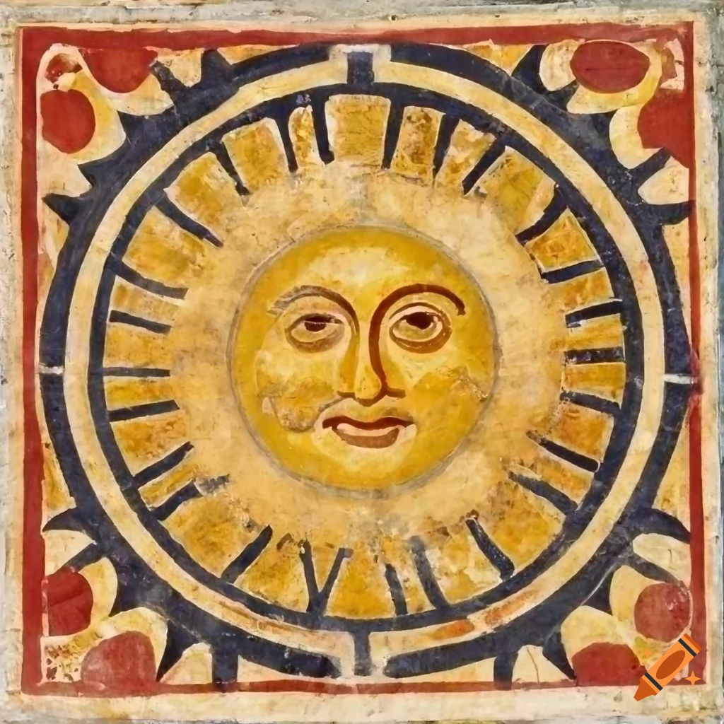 Smiling sun in a roman-inspired fresco album cover on Craiyon