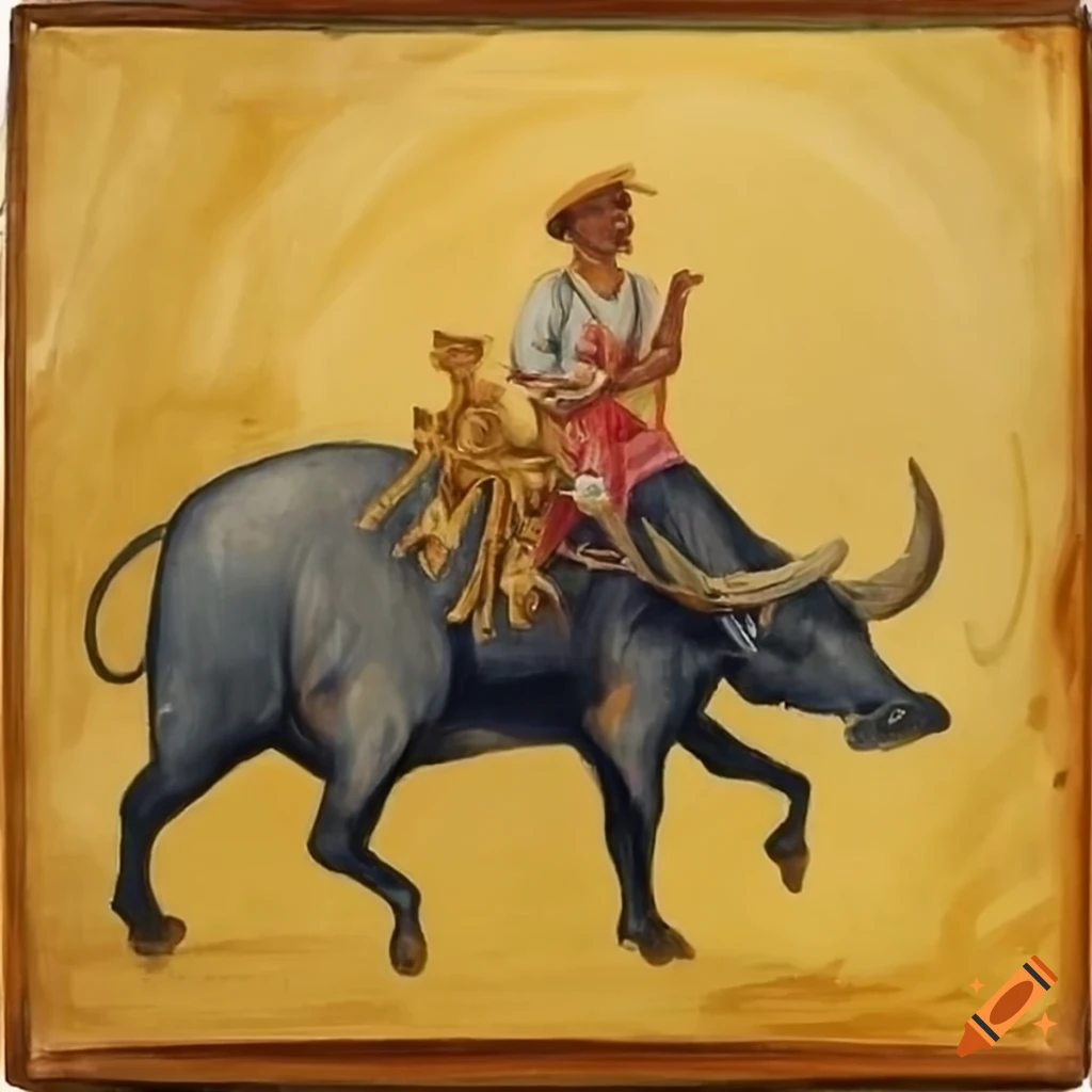 Farmers riding a carabao pulling a cart of gold in a painting on Craiyon