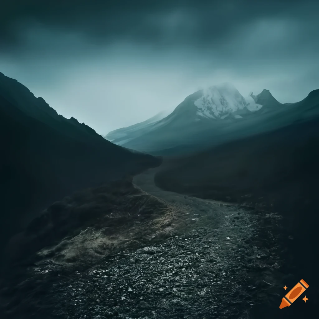 Winding path through desolate landscape towards foreboding mountain on ...