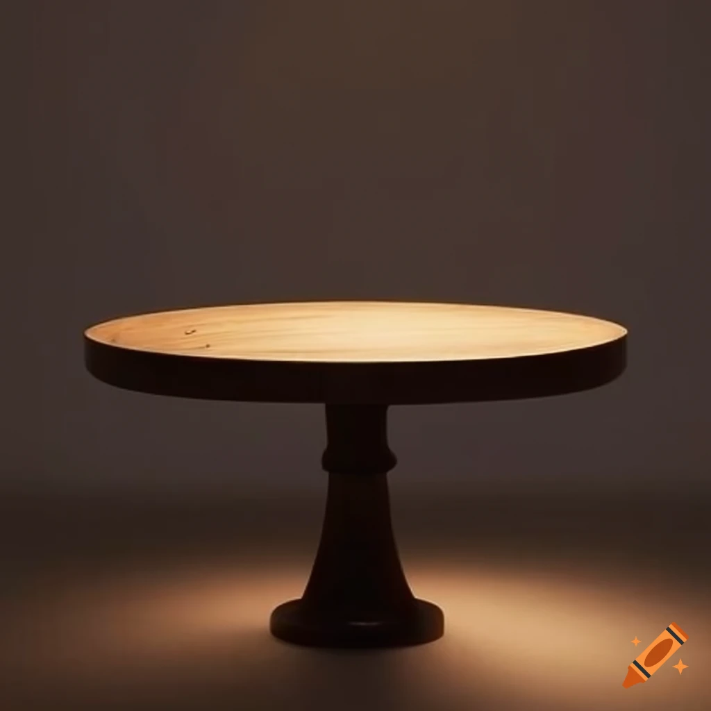 Elegant round wooden table illuminated by warm spotlight on Craiyon