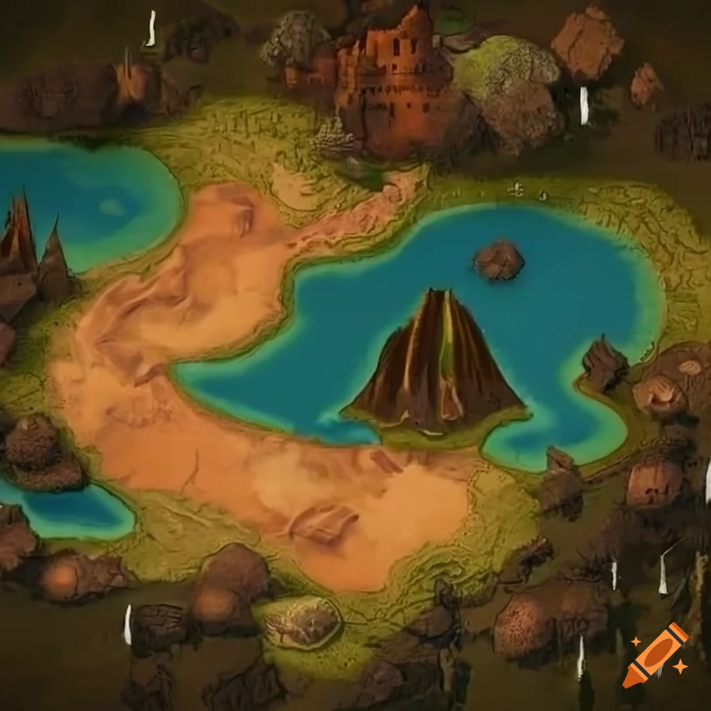 Overhead map of a fantasy world with diverse landscapes on Craiyon