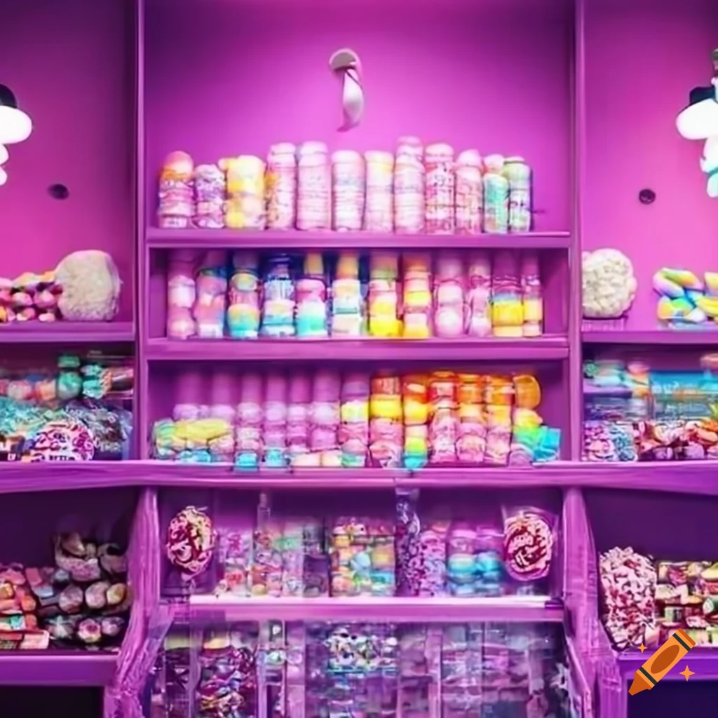 Interior of a charming candy store with shelves filled with purple ...
