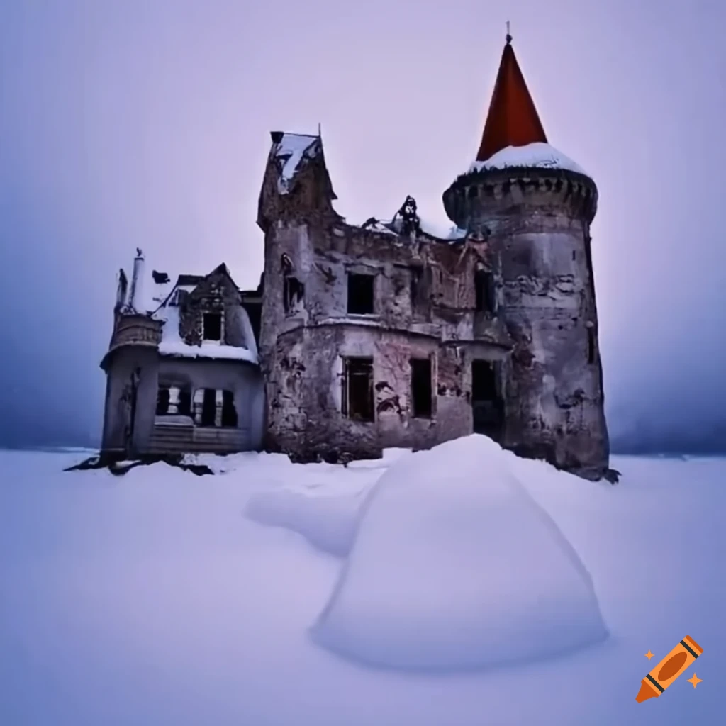 Abandoned castle in Alaska with a fallen flag in the snow on Craiyon